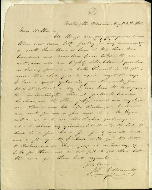 234. John Cook Bennett autograph letter signed, Burlington, Wisconsin ...